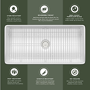 TUKTUK White Farmhouse Sink 30 Inch Farm Sink Fireclay Apron Front Single Bowl Kitchen Sinks Deep Drop In Undermount Kitchen Sink Luxury Bottom Grid & Strainer Drain Included