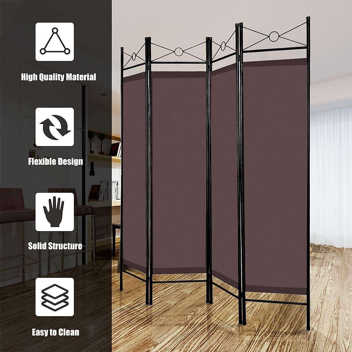 Squareful 4-Panel Room Divider, 6ft Folding Freestanding Screen w/Steel Frame & Fabric Surface, Portable Privacy Partition for Home Office, Brown
