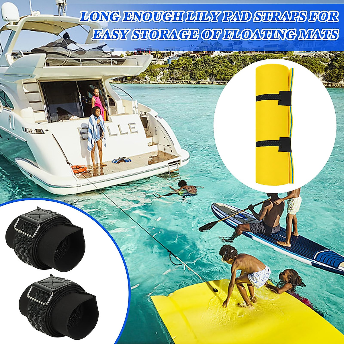 2Pcs Floating Water Mat Straps with Pad Protectors, Water Pad Storage Straps with Elastic and Anti-Slip Strips, Reusable Metal Buckle Nylon Cinch Securing Straps for Most Water Pad Mats (90 inch)