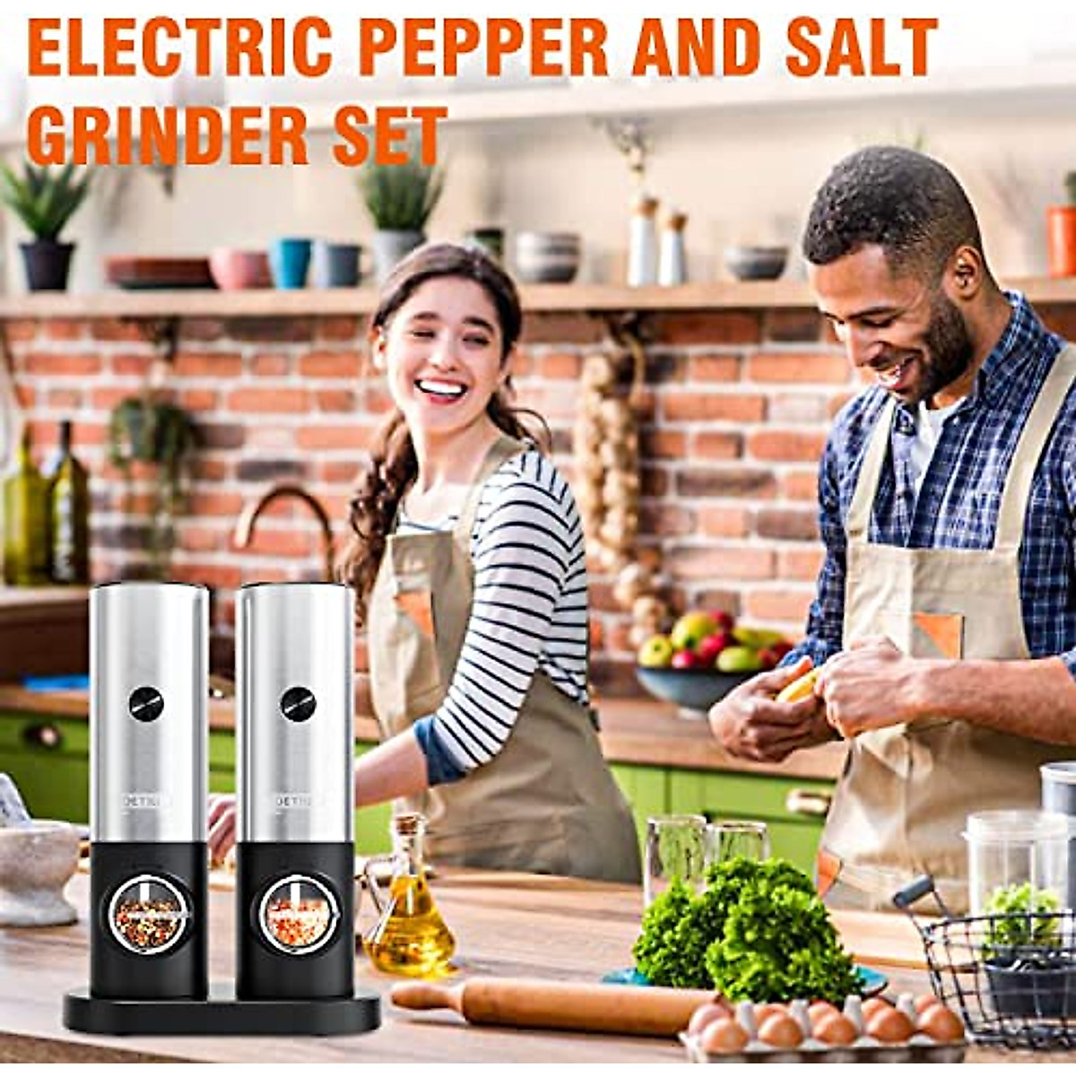 Electric Pepper and Salt Grinder Set, Adjustable Coarseness, Battery Powered with LED Light and Storage Base, One Hand Automatic Operation, Stainless Steel, 2 Pack