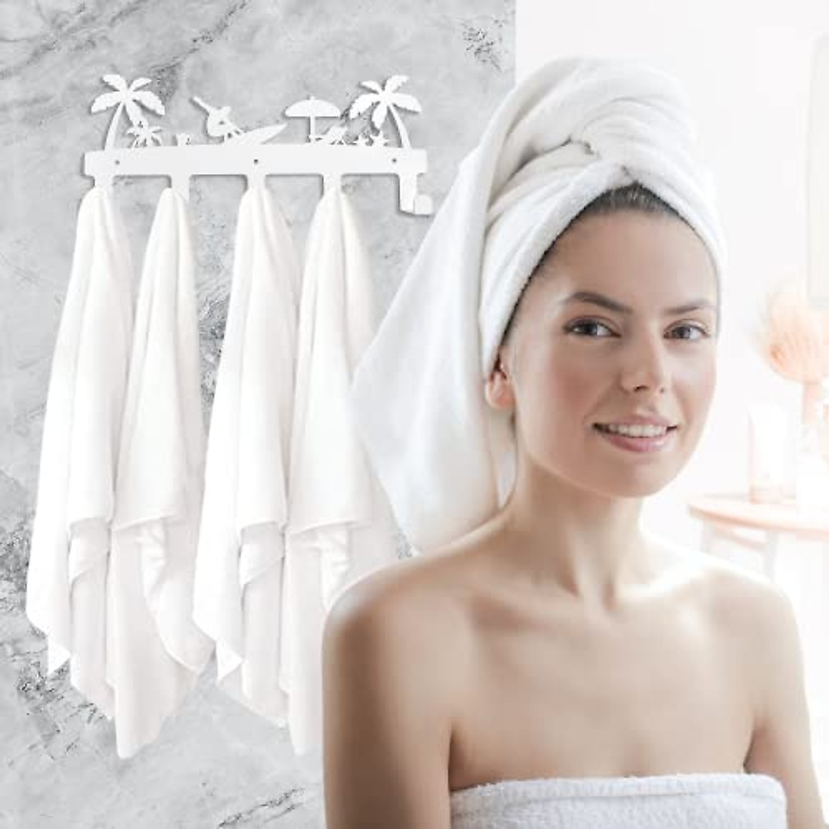 Pool Beach Towel Rack for Bathroom Wall Mount Towel Holder White Metal Towel Racks Rustproof and Waterproof Robes Coat Holder Bedroom Hanger Wall-Mounted-5 Hooks 16 Inch