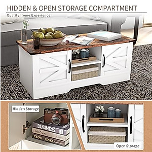 oneinmil Coffee Table with Barn Doors, Farmhouse Center Table with Storage, Modern Rustic Style Wooden Living Room Table, White