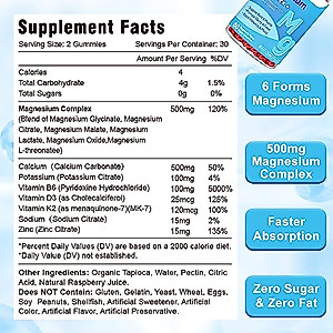 Magnesium Gummies for Women Men & Kids, Sugar Free Magnesium Citrate Gummies with Glycinate Malate L-threaten Potassium Calcium Vitamin B6 D3 Supplement for Relax Sleep Muscle & Joint - 2 Pack, 120cts