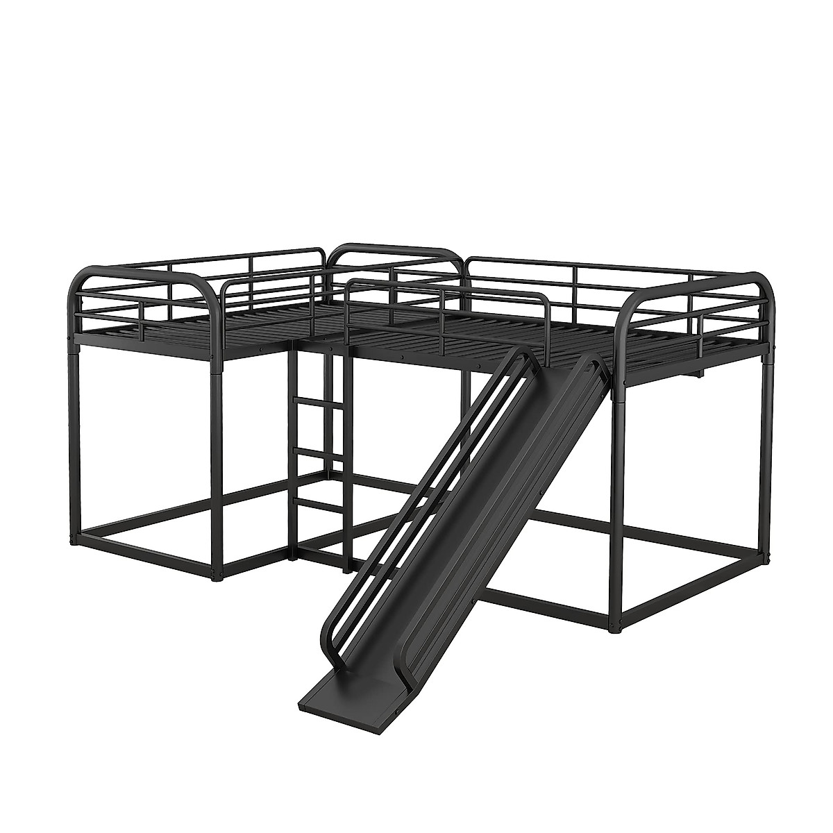 DEYOBED Full and Twin Size Bunk Bed with Slide and Short Ladder, L-Shaped Bunk Bed Frame for 4, Ideal Solid Mental Bed Frame for Kids, Black