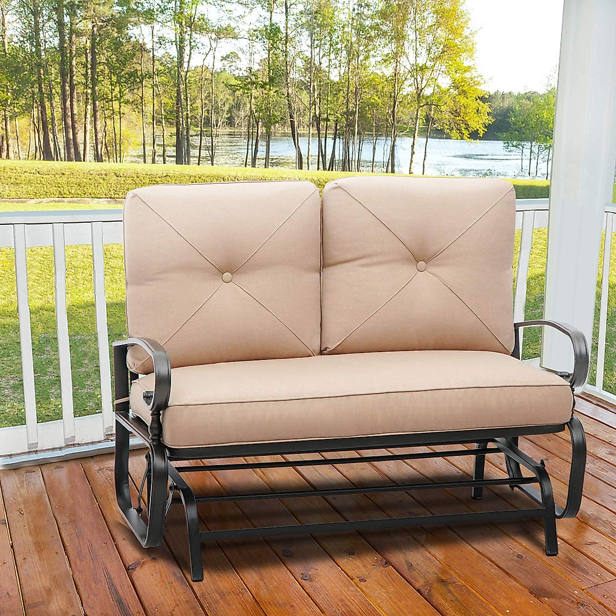 Omelaza Patio Bench, Porch Glider Outdoor Swing Glider Rocking Loveseat, Steel Frame Chair with Thick Cushion (Brown)