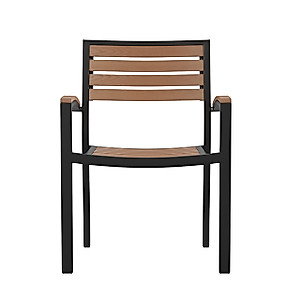 EMMA + OLIVER Stackable Aluminum Patio Chair - Set of 2 All-Weather Black Framed Side Chair with Faux Teak Slats - Commerical Grade