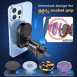 pop-tech Car Vent Phone Mount for Socket Grip, Air Vent Clip Phone Holder Compatible with Magsafe Wallet Black & iPhone Samsung Card Holder, Cell Phone Stand with Sticky Adhesive