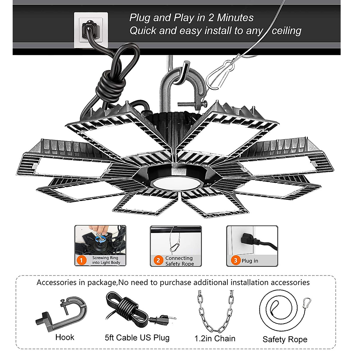 baiyilux 2 Pack LED High Bay Light 250W 350000lm LED Shop Lights with US Plug 5ft Cable Alternative to 800W MH/HPS, Commercial Industrial Warehouse Workshop Factory Barn Garage Area Lighting