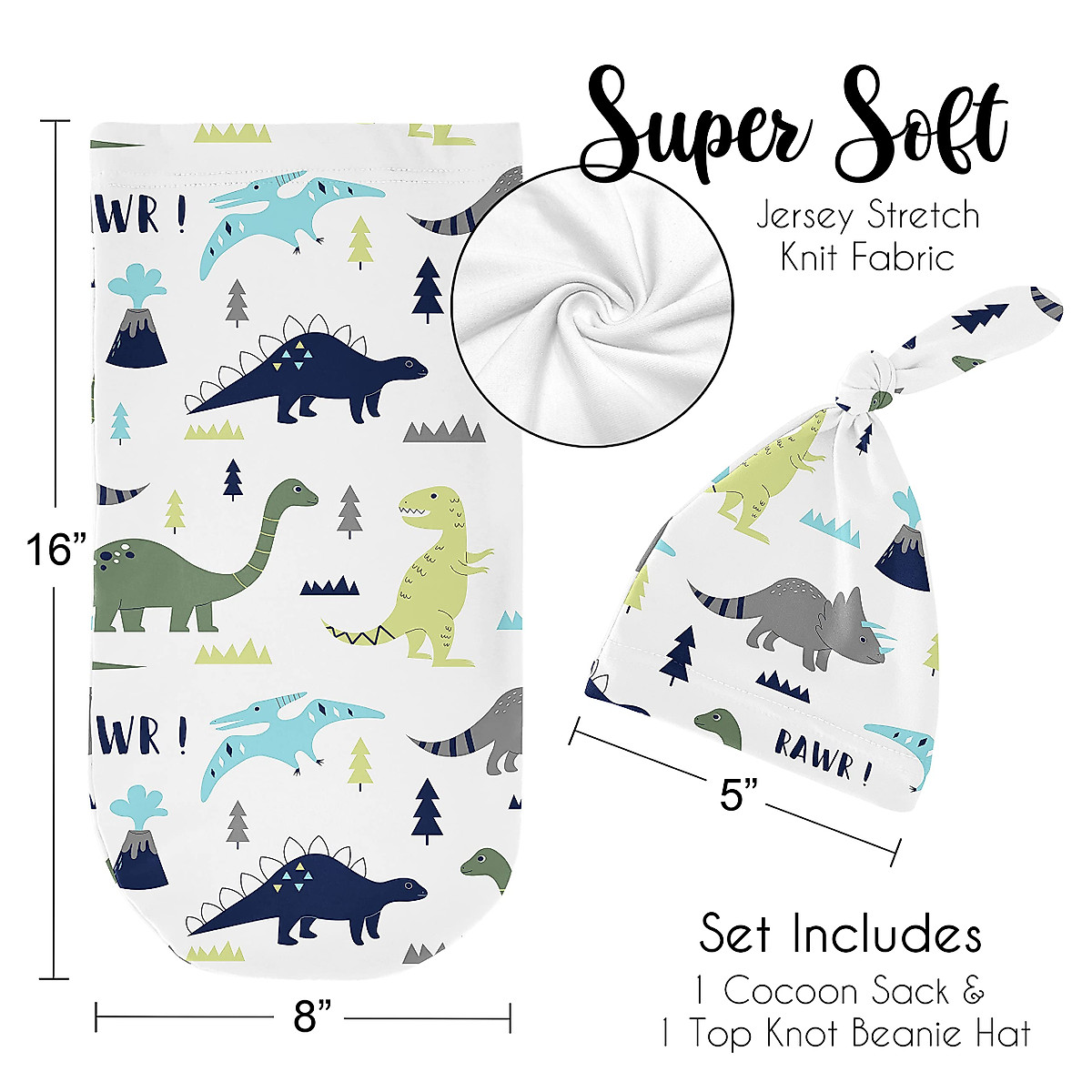 Sweet Jojo Designs Mod Dino Baby Boy Cocoon and Beanie Hat 2pc Set Jersey Stretch Knit Sleeping Bag for Infant Newborn Nursery Sleep Wrap Sack - Blue, Green and Grey Modern Dinosaur