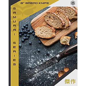 KESSAKU Serrated Bread Knife - 8 inch - Samurai Series - Razor Sharp Kitchen Knife - Forged 7Cr17MoV High Carbon Stainless Steel - Wood Handle with Blade Guard