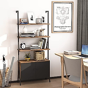 Usinso Wood Metal Ladder Bookshelf, Industrial 4-Tier Black Bookcase with Wide Storage Cabinet, Rutic Brown and Black Bookshelf for Living Room, Shelves for Storage Bedroom, 30L x 13W x 70H Inch