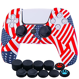 YoRHa Water Transfer Printing Silicone Thickened Cover Skin Case for PS5 Controller x 1(US Flag) with Thumb Grips x 10