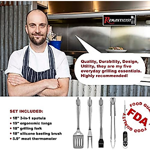 ROMANTICIST 5pc Heavy Duty Grill Accessories for Top Chef - Professional Grill Tools Set & Basic BBQ Tools for Backyard Restaurant Outdoor Kitchen - Deluxe Grill Gift for Dad on Father’s Day Birthday