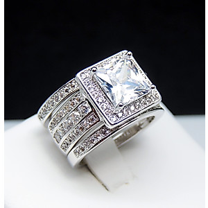 Beverly Bridal Wedding Ring Set For Women 3 Piece Large Engagement Ring Two Matching Anniversary Bands Square Halo Design White Gold Plated Cubic Zirconia Princess Cut Center Stone