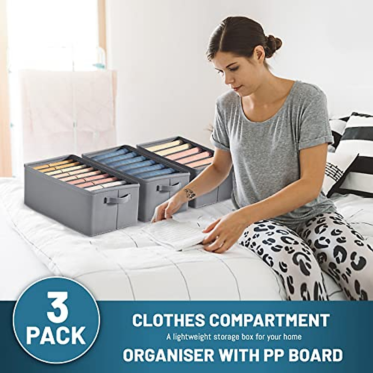 LELE LIFE 3Pcs 6/7/9 Grids Wardrobe Clothes Organizer, Large Drawer Organizers for Clothing, Foldable Jeans Organizer for Closet with Handle and Built-in PP Board, Clothes Organizer for Folded Clothes