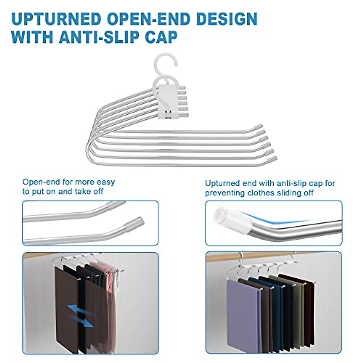 Magic Pants Hangers Space Saving - 6 Tier Multi-Functional Rack for Hanging Pants, Jeans, Scarf, Trouser, Clothes. No Slip Folding Hangers for Closet Organizer - for Men and Women, 2 Pack