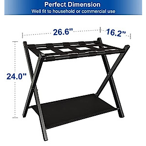 Queension Folding Luggage Rack Stand with Shelf for Guest Room, Foldable Metal Suitcase Storage Caddy Holder for Bedroom Hotel Essentials, Black, 1pack