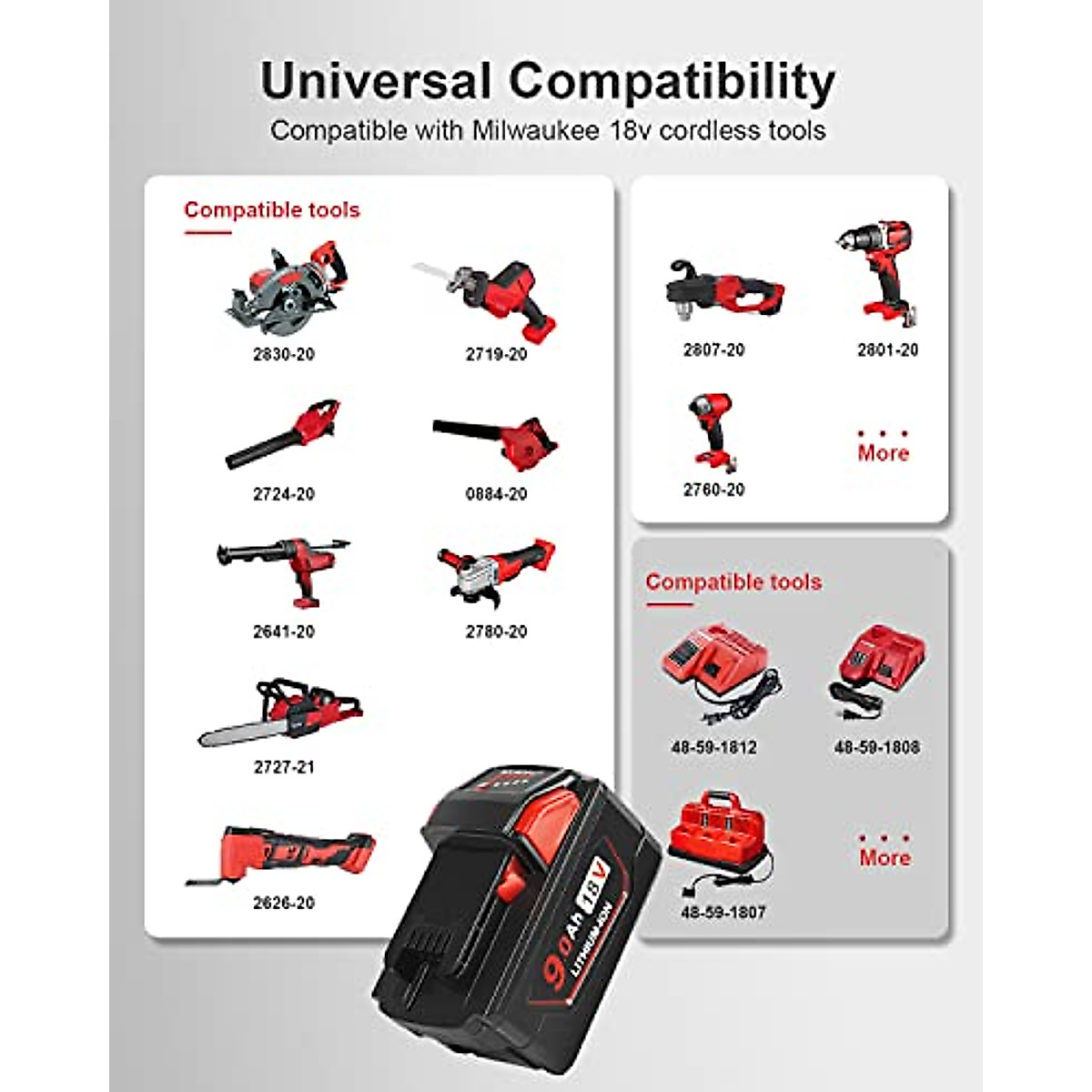 Replacement for Milwaukee M-18 Battery 9.0Ah 2/pk M18 M18b 48-11-1850 48-11-1840 48-11-1815 48-11-1820 48-11-1852 48-11-1828 48-11-1822 Cordless Power Tool
