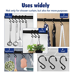 Metal Shower Curtain Hooks，Set of 12 Rings，Rust Resistant S Shaped Hooks Hangers for Shower Curtains, Kitchen Utensils, Clothing, Towels, etc. (Black)
