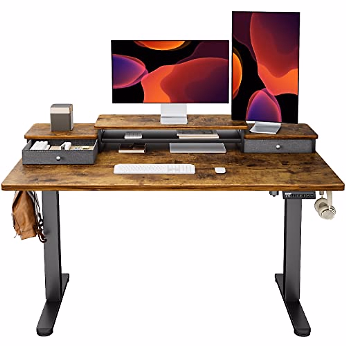 ErGear Electric Standing Desk with Double Drawers, 48x24 Inches Adjustable Height Sit Stand Up Desk, Home Office Desk Computer Workstation with Storage Shelf, Vintage Brown