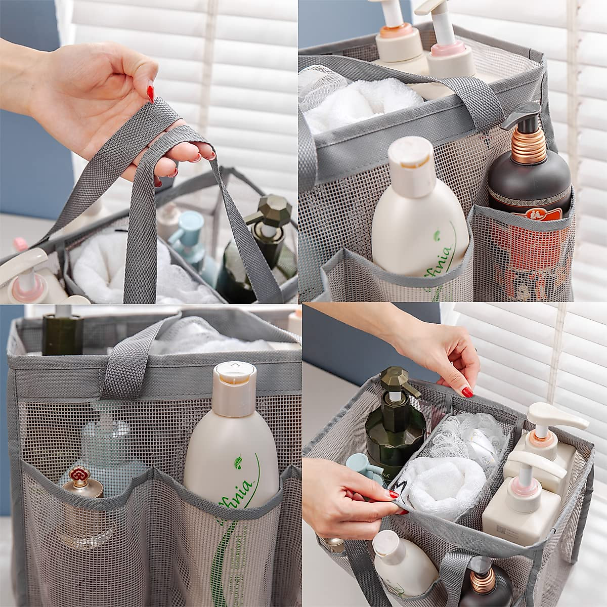 Jelier Mesh Shower Tote Caddy with Separated Main Compartment,Portable Toiletry Bag for Bathroom College Dorm Gym Camping (grey)