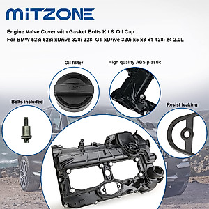 MITZONE N20 Engine Valve Cover with Gasket Bolts Kit, Oil Cap for BMW 2012-2018 528i 528i xDrive 328i 328i GT xDrive 320i x5 x3 X1 428i z4 2.0L Replace 11127588412