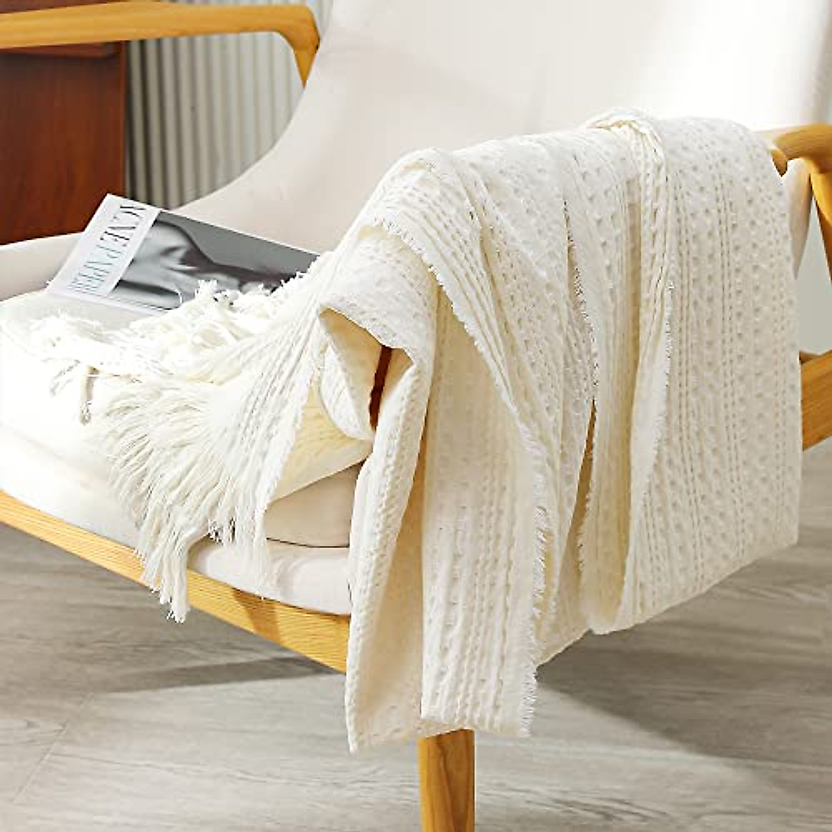 Simple&Opulence 100% Cotton Throw Blanket for Couch, Bed, Waffle Weave Cable Knit Blanket with Tassels, Soft Lightweight Pre-Washed Breathable Cozy Blanket Farmhouse Decoration for All-Season (White)