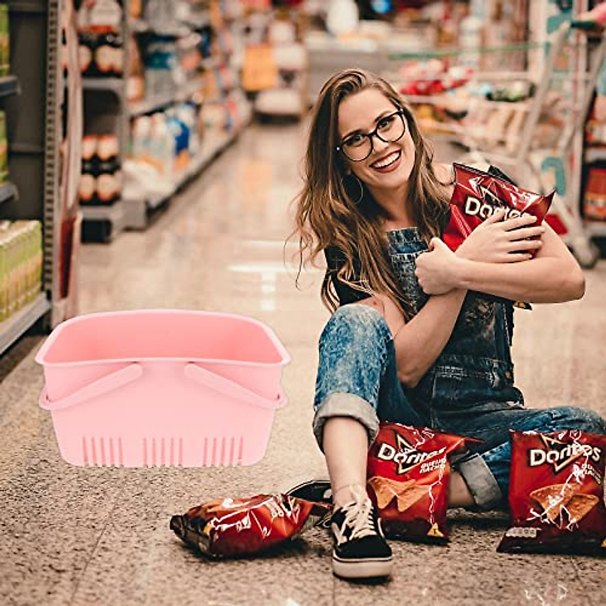 Plastic Shopping Baskets, Shower Basket Bin With Handles for Shower Closet Kitchen Gardening Bathroom Toys(Pink)