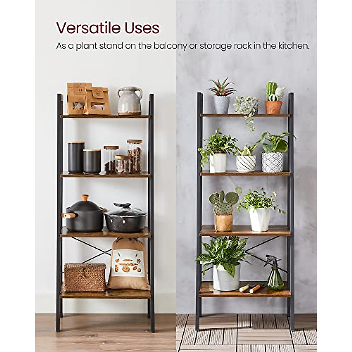 VASAGLE Ladder Shelf, 4-Tier Bookshelf, Storage Rack, Bookcase with Steel Frame, for Living Room, Home Office, Kitchen, Bedroom, Industrial Style, Rustic Brown and Black ULLS44X