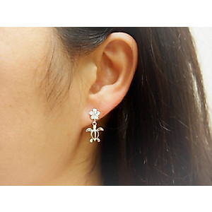 Sterling Silver Small Turtle and Plumeria Dangle Earrings