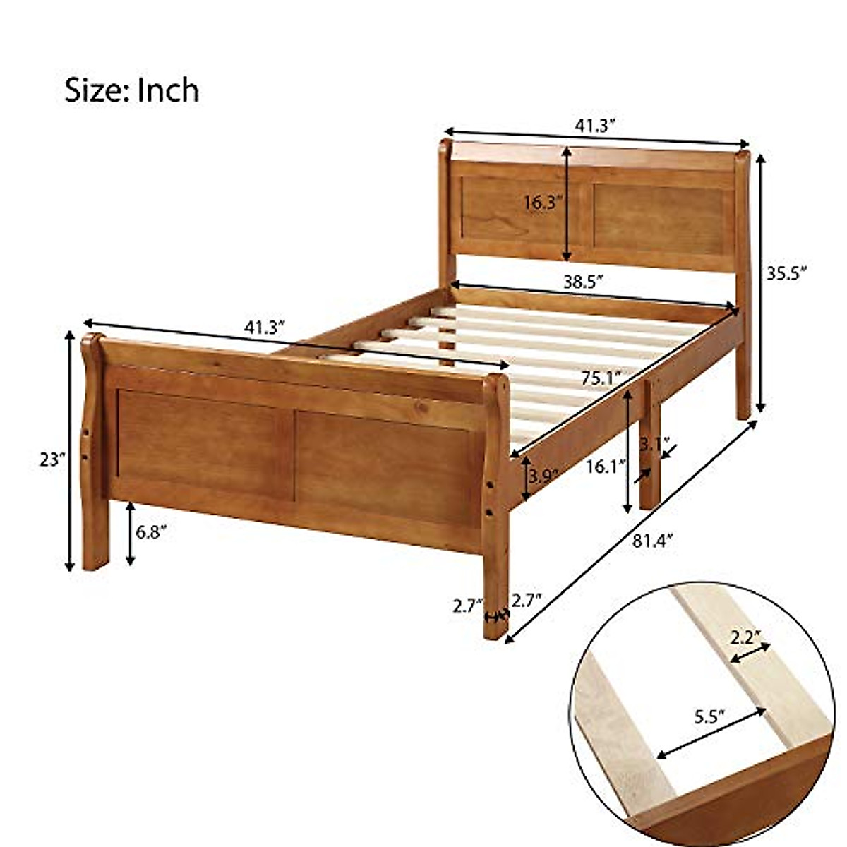 Harper & Bright Designs Wood Platform Bed Twin Bed Frame Mattress Foundation Sleigh Bed with Headboard/Footboard/Wood Slat Support - Oak