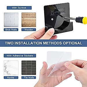 Shower Curtain Rod Holder Wall Mount – Bathroom Tension Pole Retainer Brackets with Adhesive Tape for Quick Stick on and Stainless Steel Screws for Drilling Installation 3/5” Deeper Rim (Black)