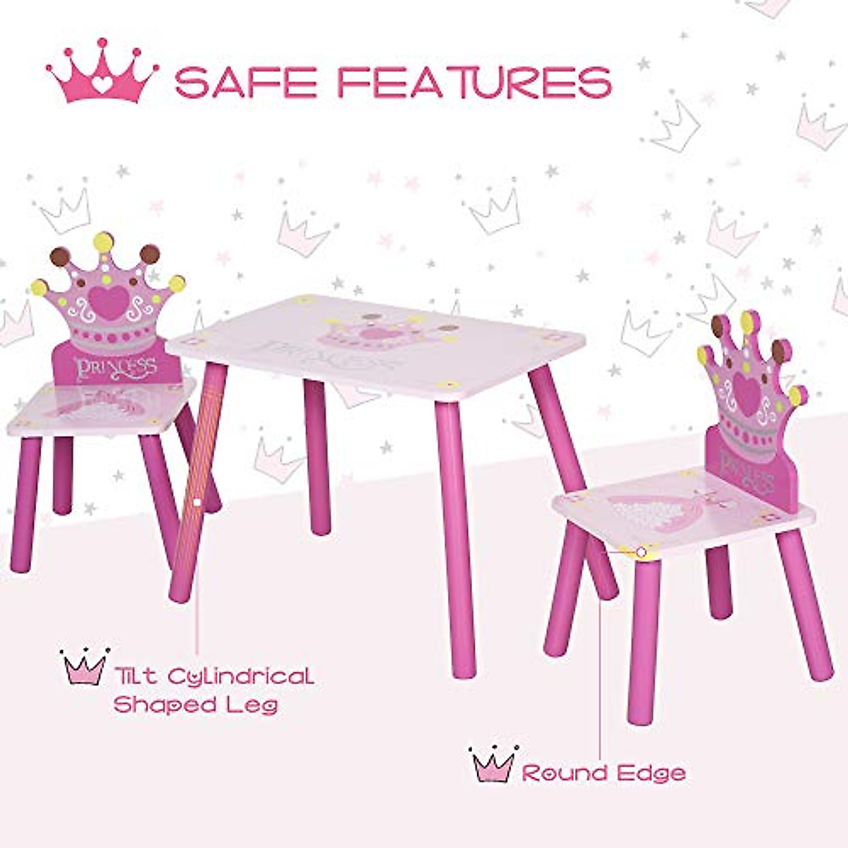 Qaba 3-Piece Kids Wooden Table and Chair Set with Crown Pattern Gift for Girls Toddlers Arts Reading Writing Age 2-4 Years Pink