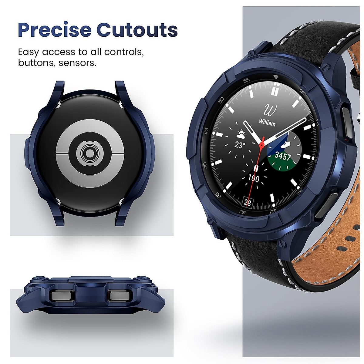 Goton 3 in 1 Accessories for Samsung Galaxy Watch 4 Classic 46mm, 1 Rugged TPU Armor Bumper Case Cover +2 Tempered Glass Screen Protector Films + 1 Bezel Ring for Galaxy Watch4 Classic 46mm Blue