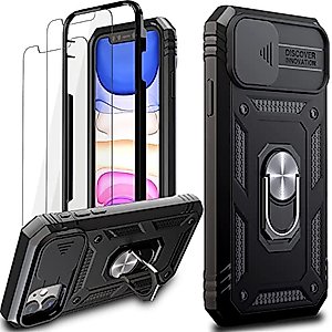 BOBOM [4 in 1 Armor Case for iPhone 11 Case with Screen Protector 2 Pack, Military-Grade Protective Case iPhone 11 with Camera Cover for Men Women, Built-in 360° Rotate Ring Stand Magnetic, Black
