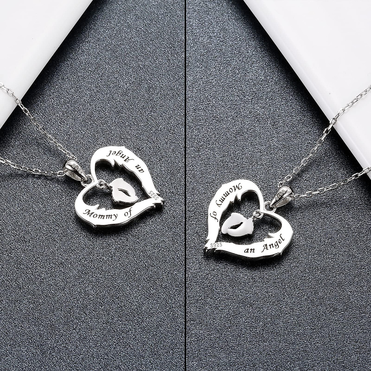 Sterling Silver Miscarriage Necklace for Women: Heart Angel Wing Foots Pendant Mommy of an Angel Jewelry, Pregnancy Loss Memorial Gifts for Mother Loss of a Baby