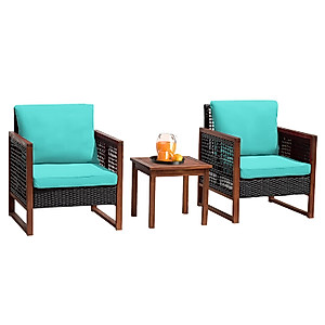 FDW 3-Piece Patio Bistro Set Acacia Wood Outdoor Chat Conversation Table Chair Set Outdoor Wood Chat Set with Water Resistant Cushions and Coffee Table for Beach Backyard Garden,Blue Cushion