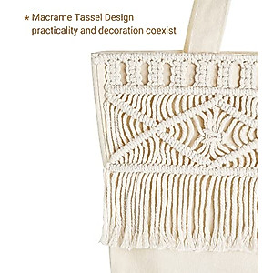 Mkono Canvas Tote bag for Women Boho Aesthetic Shoulder Handbag with Macrame Fringe Reusable Shopping Bag Lightweight Unique Gift Bag Cute Tote Bag for School Work Beach Travel Wedding Holiday