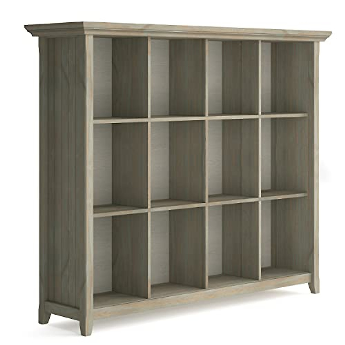 SIMPLIHOME Acadian SOLID WOOD 48 inch x 57 inch Transitional 12 Cube Storage in Distressed Grey with 12 Shelves, for the Living Room, Study and Office