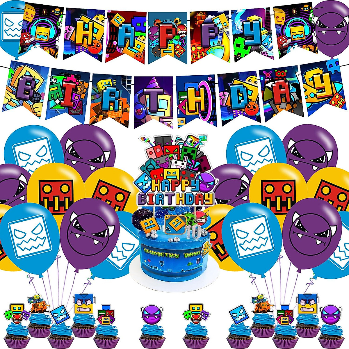 Geometry Dash Birthday Party Decorations ,Geometry Dash Birthday Party Favor with Banner, Ballons,Cake Topper, Cupcake Toppers for Boys Girls Fans Geometry Dash Party Supplies