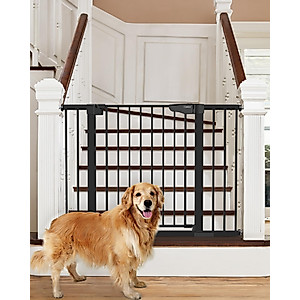 Cumbor 36" Extra Tall Durable Baby Gate with Cat Door, 29.7-46" Auto Close Dog Gates for Doorways, Stairs, Easy Walk Through Pressure Mounted Safety Gate with Adjustable Small Pet Door,Black