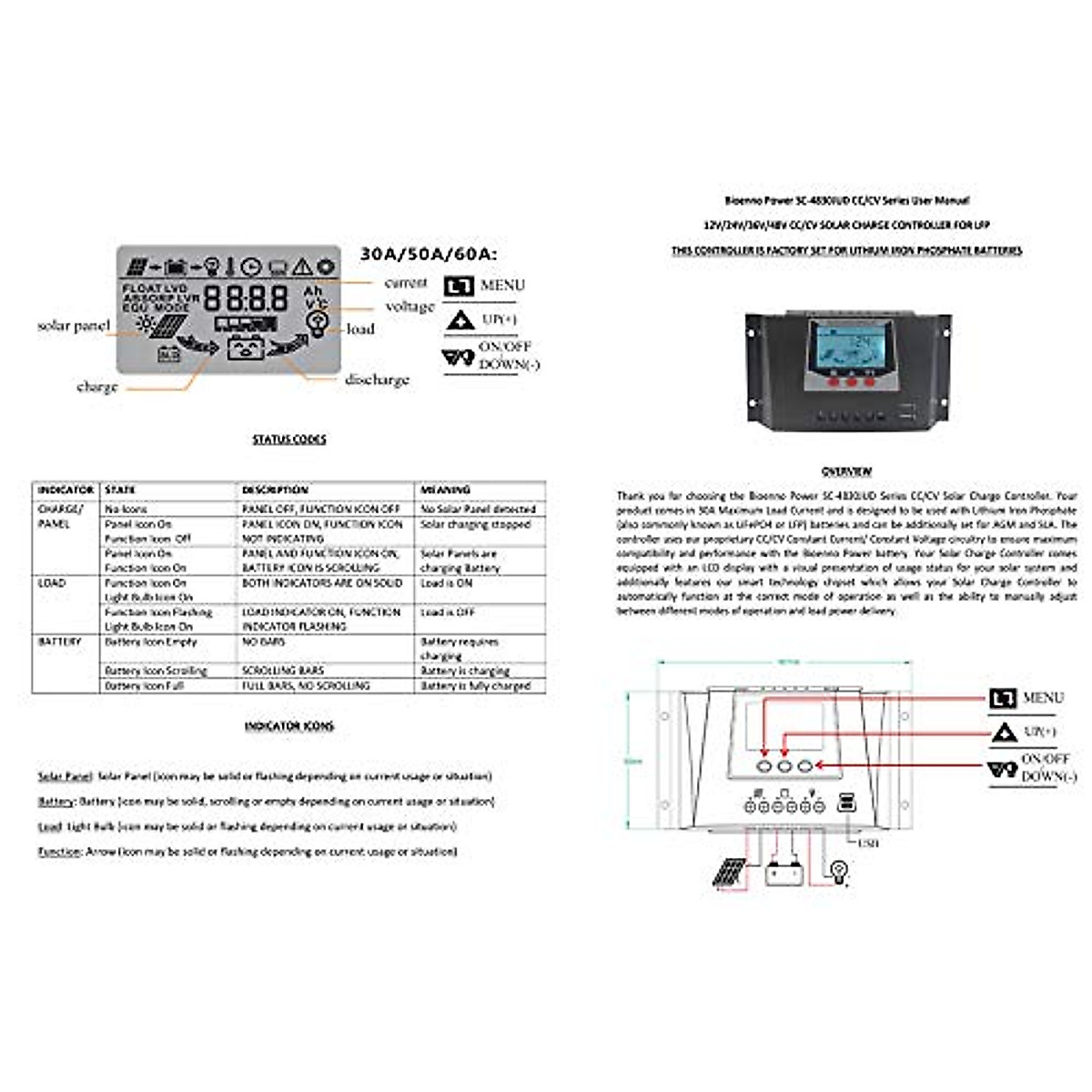 Bioenno Power 12V/24V/36V/48, 30A Universal Solar Charge Controller for LFP LiFePO4 Lithium Iron Phosphate Batteries (SC-4830JUD)
