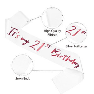 21st Birthday Sash, White Satin Soft Sashes with Pink Foil Letter, Birthday Decorations for Girls Happy 21st Birthday Party Favor Supplies, White Pink
