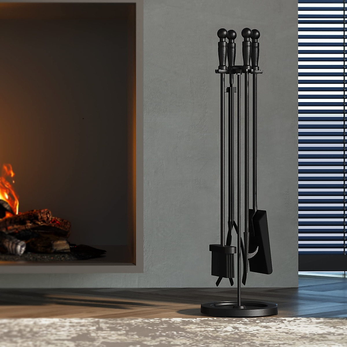 FireBeauty Fireplace Tools Set 5 Pieces Wrought Iron Fire Place Pit Poker Holder 31" H (Black)