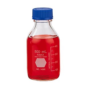 Kimble 14395-500 Borosilicate Glass GL-45 Media/Storage Bottle With Blue Polypropylene Screw Thread Cap, 500mL (Case of 10)