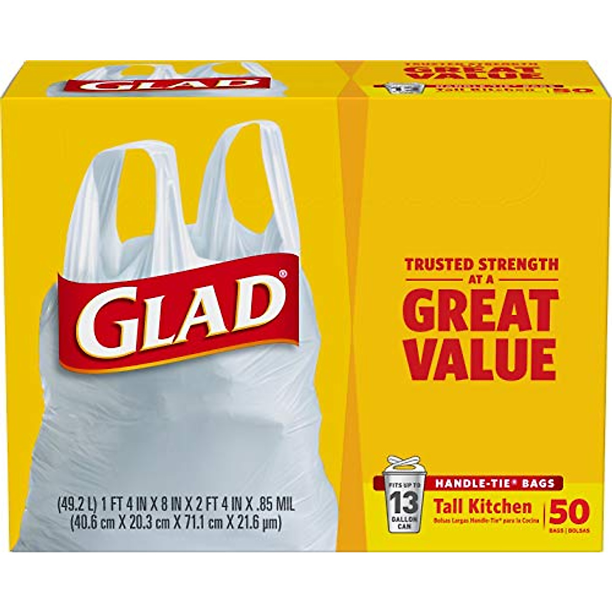 GLAD Tall Kitchen Trash Bags, 13 Gallon Handle Tie Trash Big for Kitchen, Unscented, 50 Count (Pack of 4)