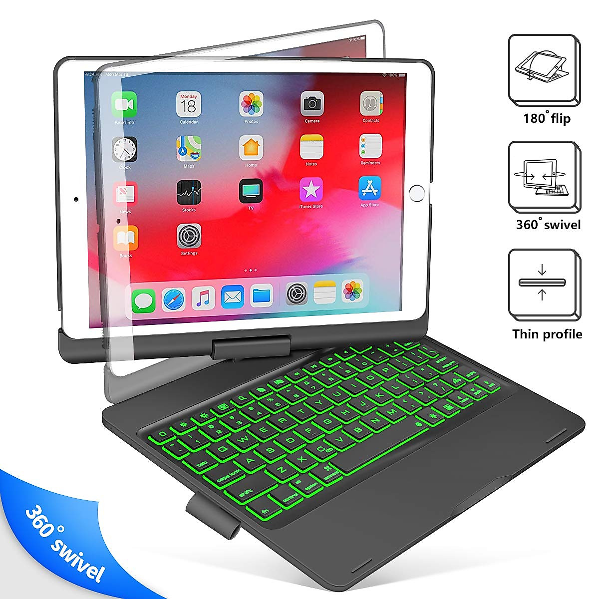 iPad Keyboard Case for iPad 6th Gen 2018, iPad 5th Gen 2017, iPad Pro 9.7, iPad Air 2, iPad Air 1, 360 Screen Rotation 7 Colors Backlight iPad Case with Keyboard - Black