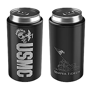 Marine Corps 4 in 1 Insulated Can Cooler, Stainless Steel Double-Walled Insulator for 12 oz Standard or Skinny Slim Cans, 12 Oz Beer Bottles & Mixed Drinks – Gifts for Marines
