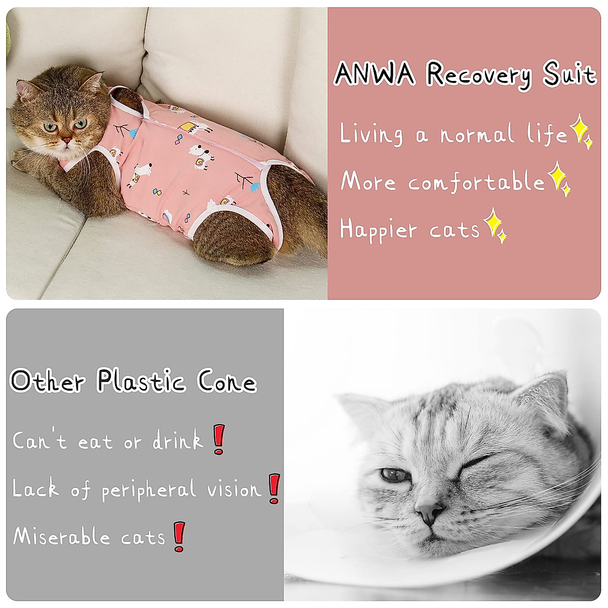 ANWA 2 Pack Cat Recovery Suit - Breathable Cat Surgery Recovery Suit Female, Cat Onesie for Cats After Surgery, Cat Spay Recovery Suit Female Abdominal Wounds