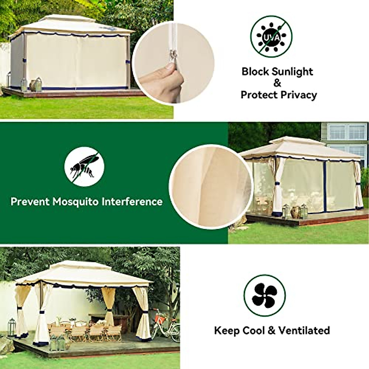 MEWAY Patio Gazebo 10x13 Gazebo with Mosquito Netting Aluminum Outdoor Gazebo Canopy with Curtains for Backyard Lawn Garden Deck, Beige Navy